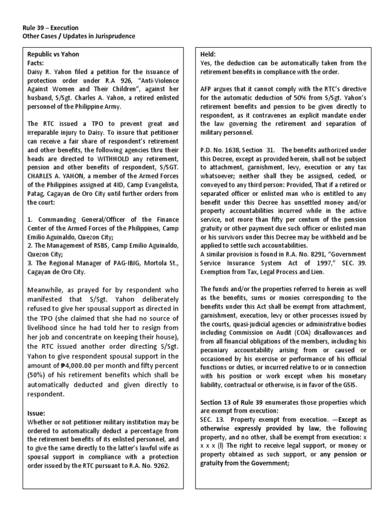 Rule 39 - Execution Other Cases / Updates in Jurisprudence Held | PDF ...