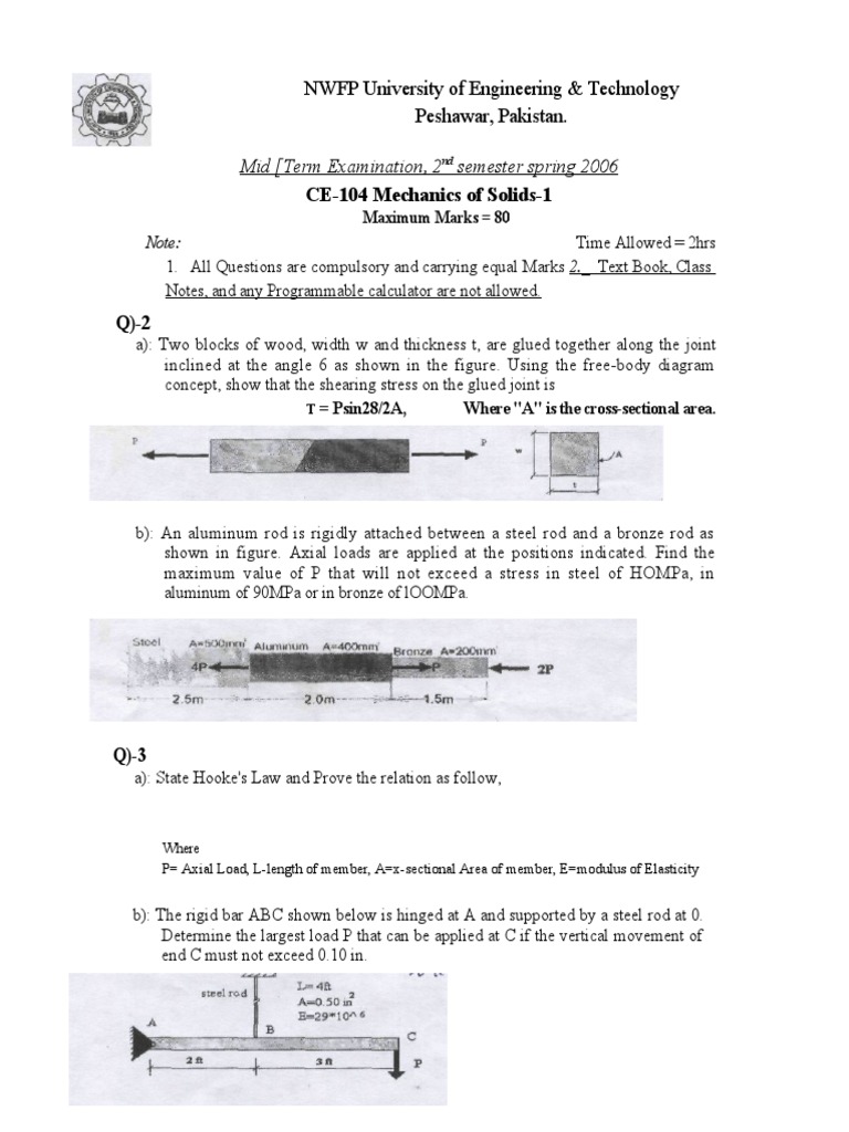 Mid (Term Examination, 2 Semester Spring 2006: CE-104 Mechanics of Solids-1 | PDF | Stress ...
