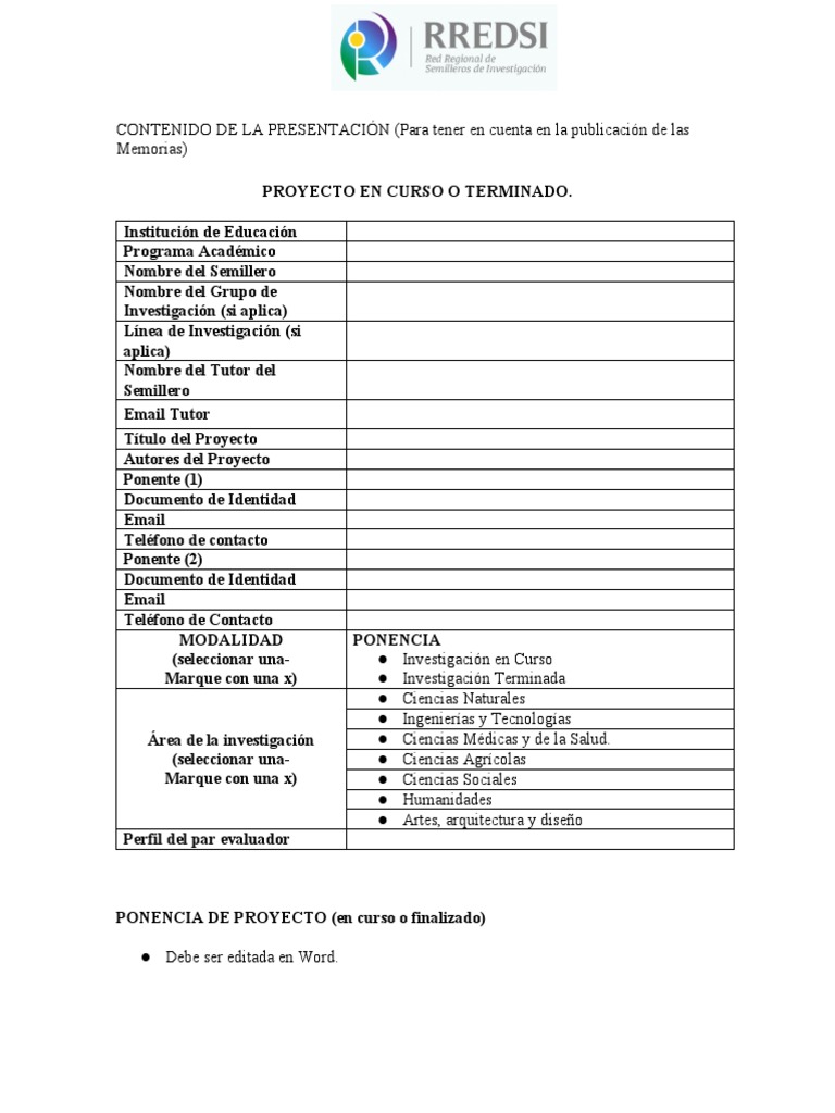Formato Proyecto en Curso o Terminado RREDSI Deptal 2020 | PDF ...
