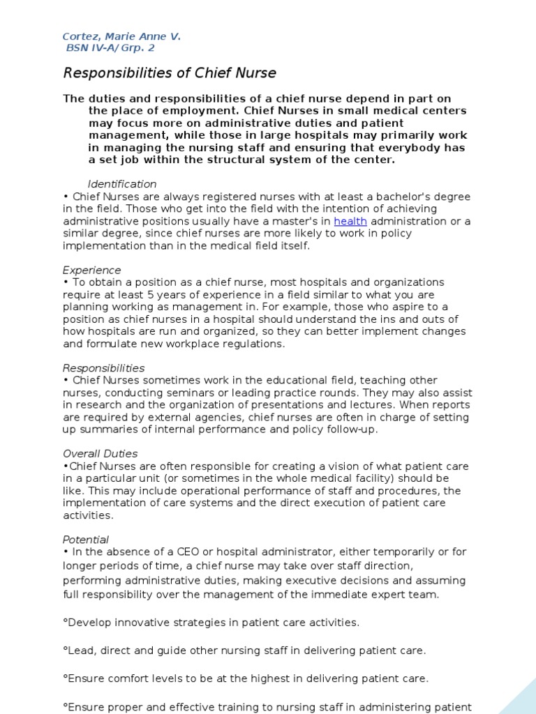 Chief Nurse Roles and Responsibilities | PDF | Nursing | Hospital