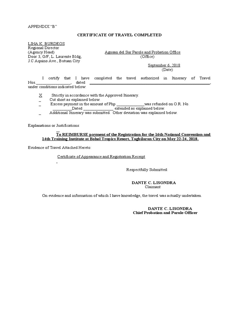 Certificate of Travel Completed | PDF