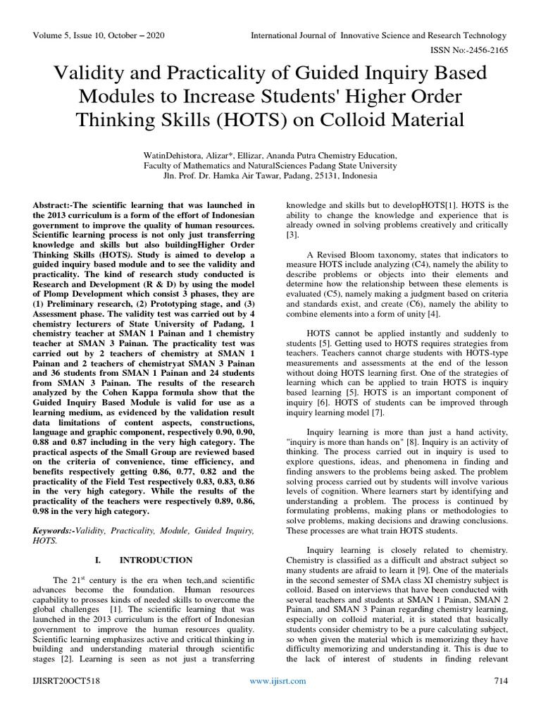 Validity and Practicality of Guided Inquiry Based Modules To Increase Students' Higher Order ...