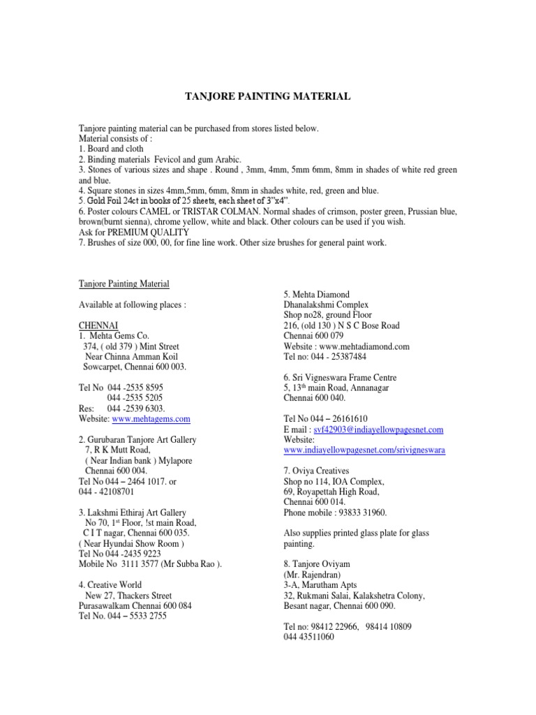 Tanjore Painting Material | PDF | Paintings | Art Media