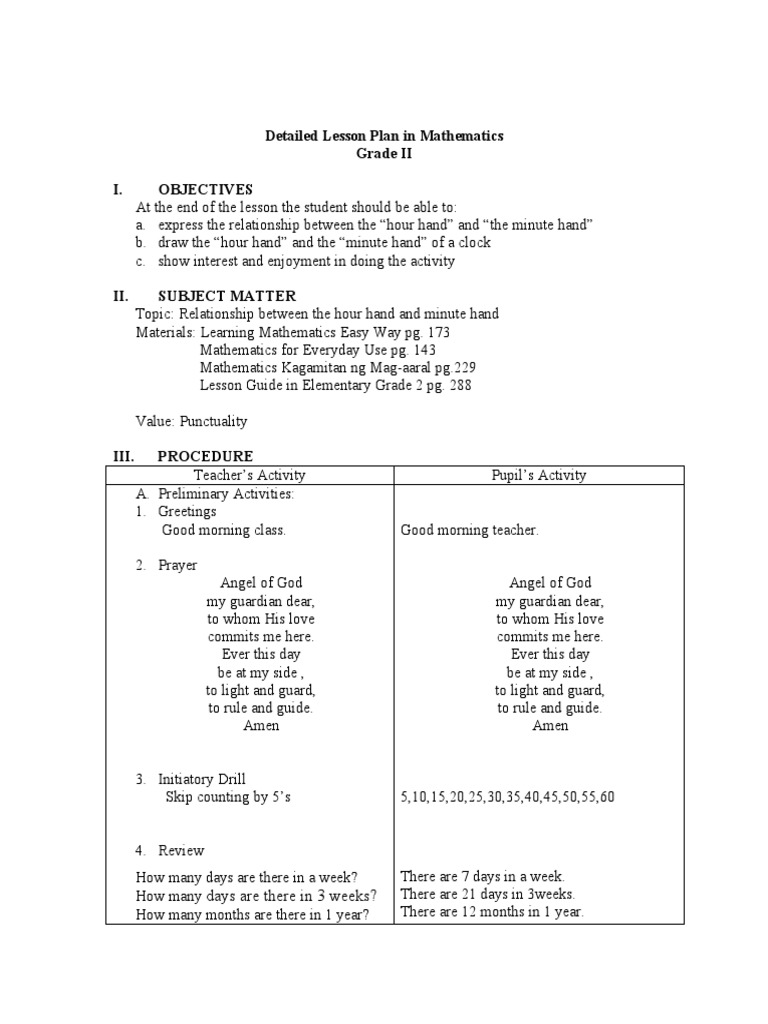 Detailed Lesson Plan In Math Grade 2 PDF Clock Lesson Plan