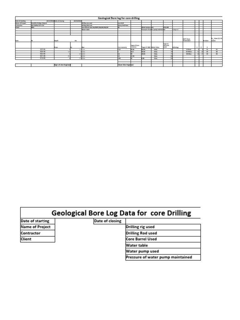 Geological Bore Log For Core Drilling: Sign of Site Engineer Client ...