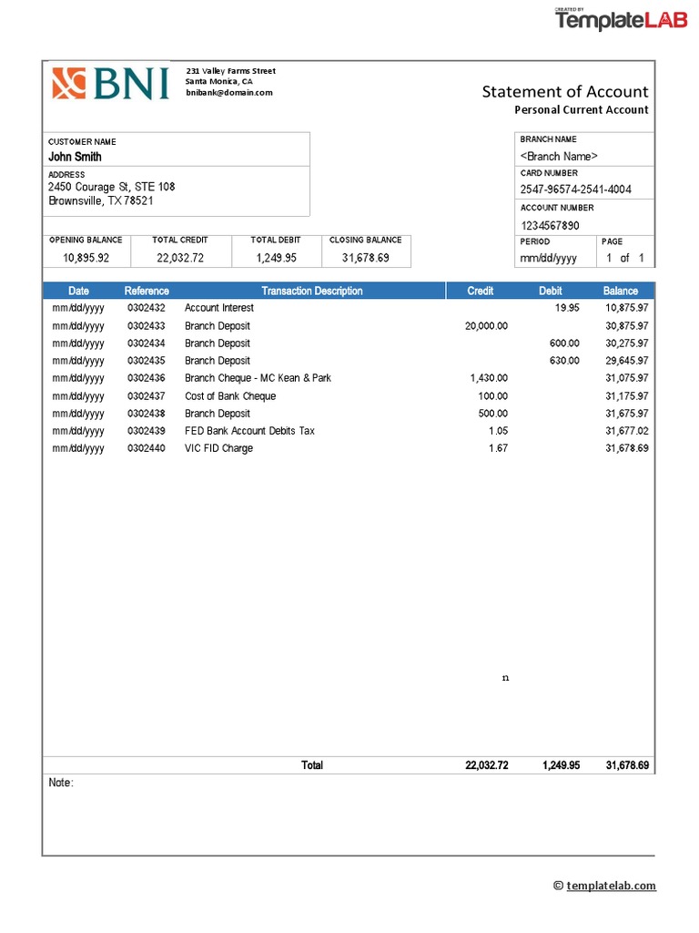 Bank Statement Template 3 | PDF | Transaction Account | Banks