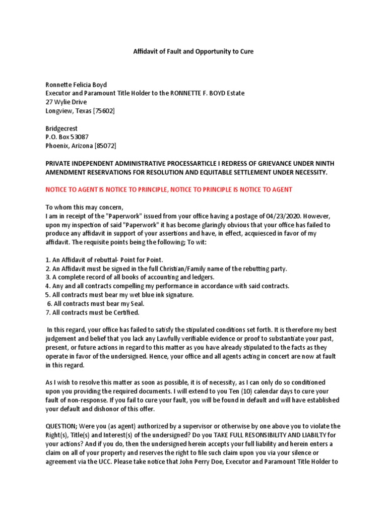 Affidavit of Fault and Opportunity To Cur1 | PDF | Complaint | Affidavit