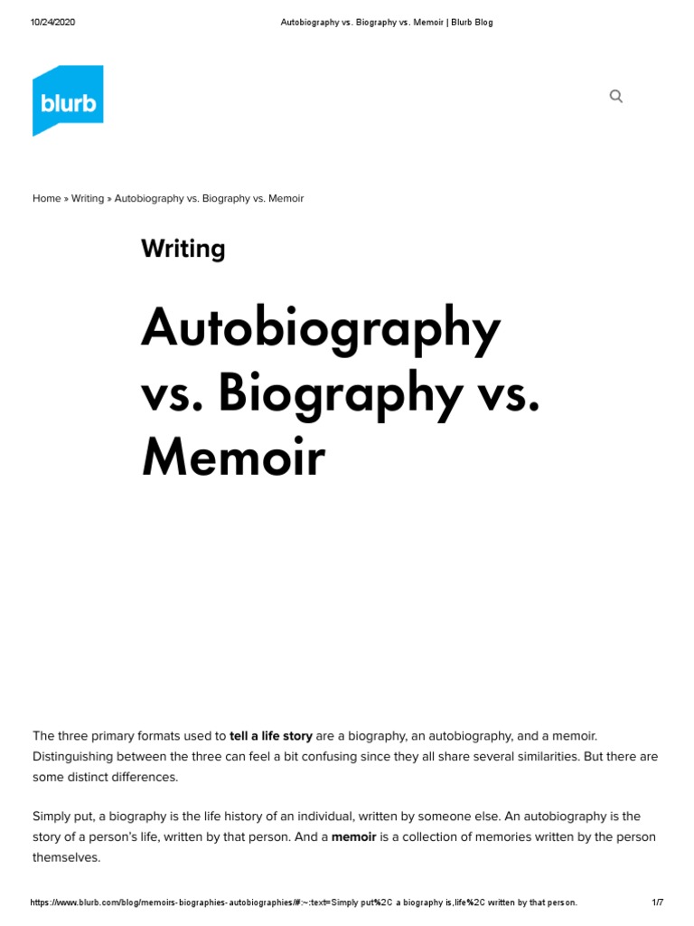 Autobiography Vs Biography Vs Memoir Blurb Blog Pdf Biography