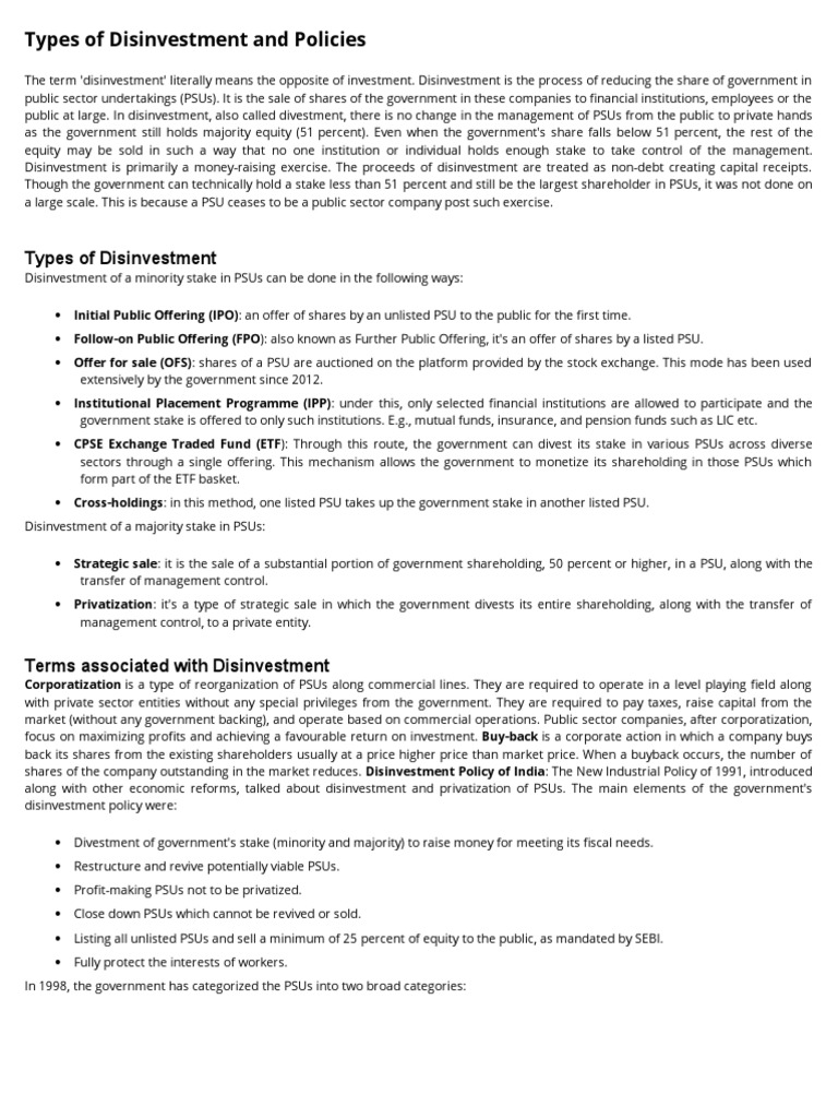 Types of Disinvestment and Policies | PDF | Privatization | Exchange ...