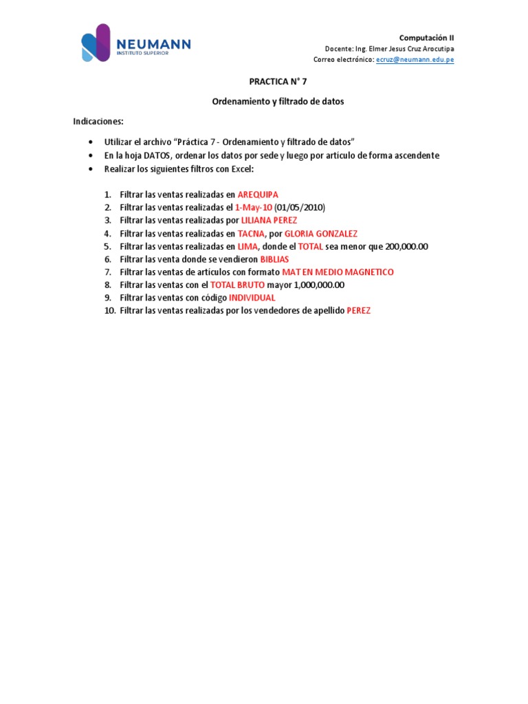 Práctica 7 - Ordenamiento y Filtrado de Datos | PDF