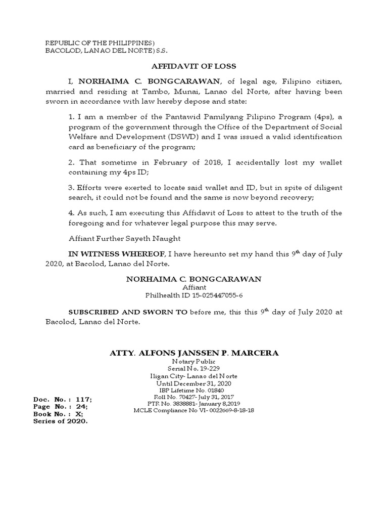 Affidavit of Loss of 4ps ID