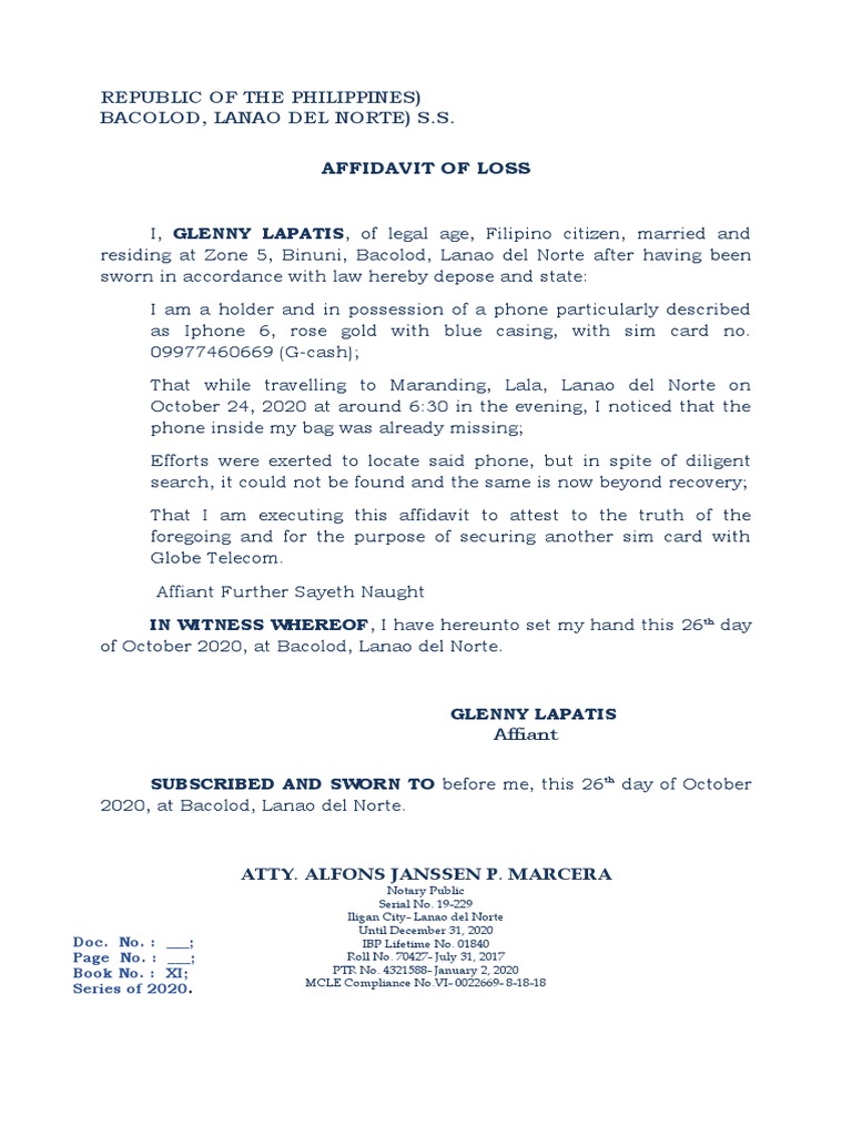 Affidavit of Loss- Sim Card