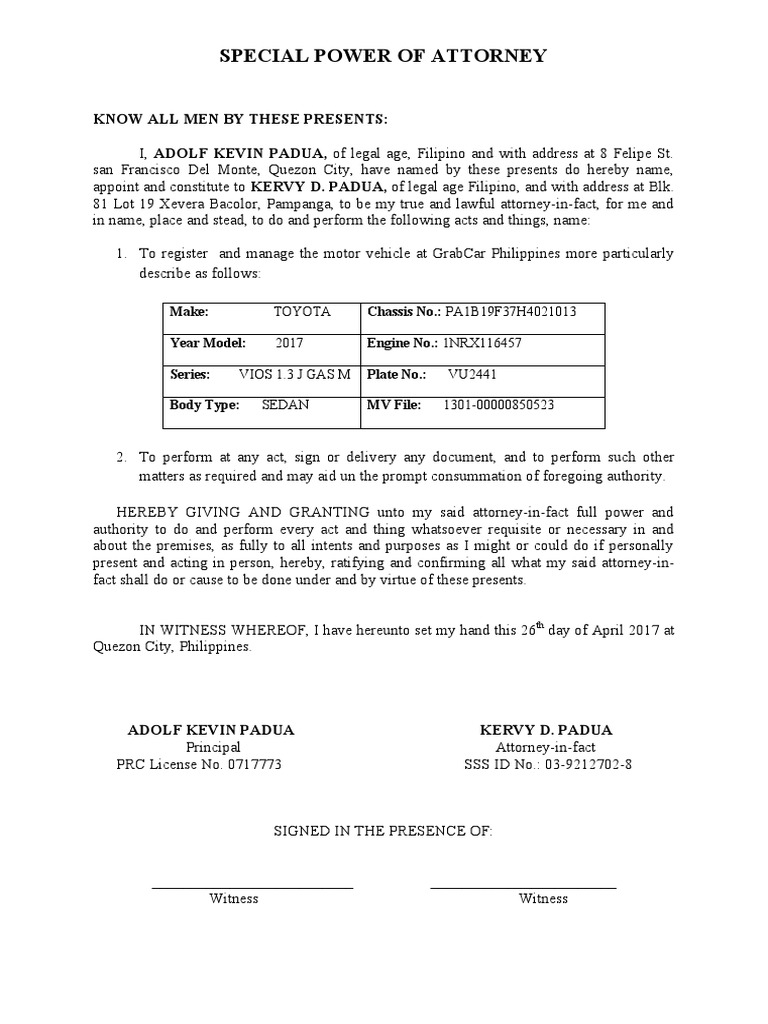 Special Power of Attorney for GrabCar | PDF | Power Of Attorney ...