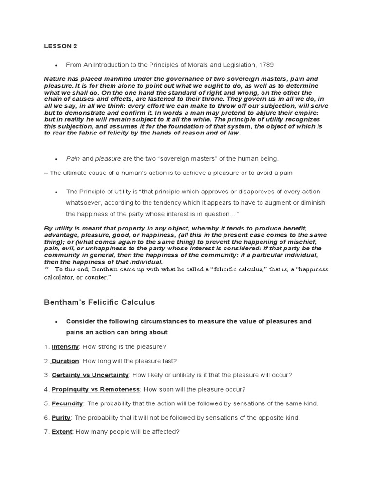 Lesson 2: Bentham's Felicific Calculus | PDF | Utilitarianism | Happiness