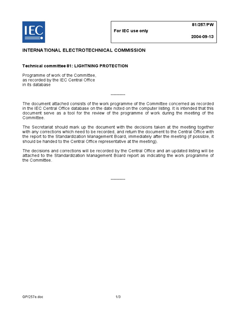 Program of Work for IEC Technical Committee 81 on Lightning Protection ...