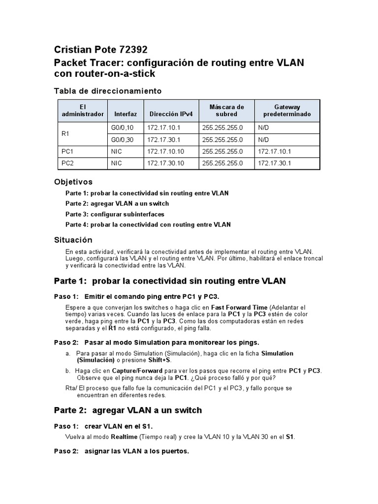 Configuración de Routing Entre VLAN Con Router-On-A-Stick | PDF | Conmutador de red | Enrutador ...