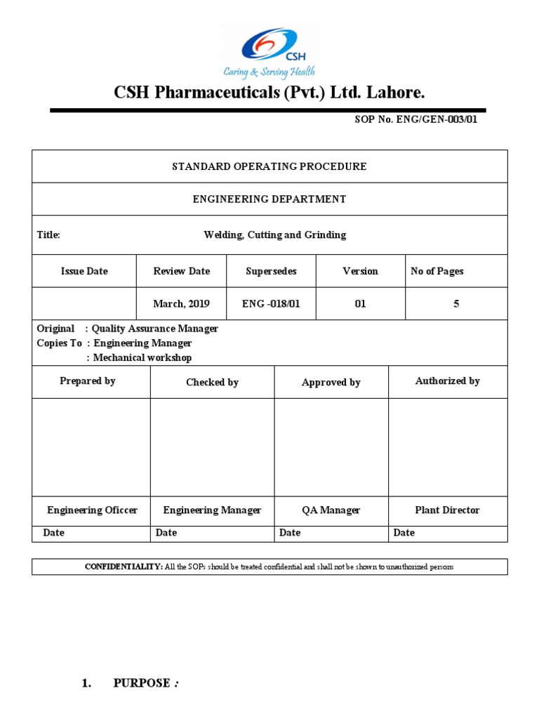 Welding and Cutting SOP for CSH Pharma | PDF | Welding | Construction
