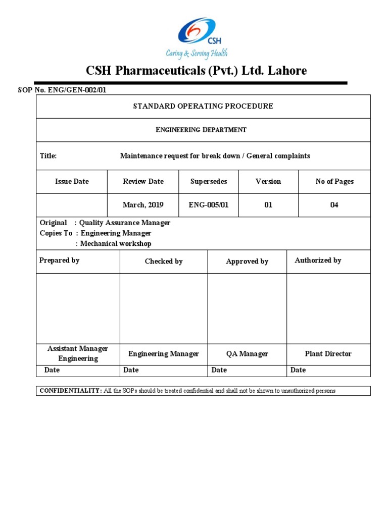 Standard Operating Procedure for Maintenance Requests at CSH ...