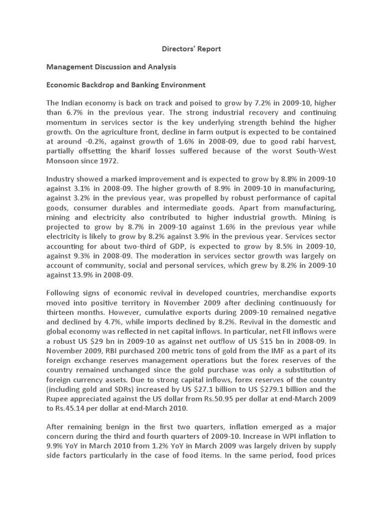 Directors' Report Management Discussion and Analysis Economic Backdrop ...