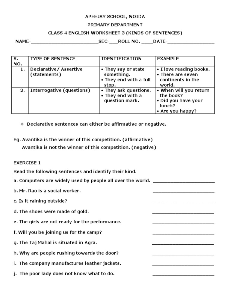 Classifying Sentences: An English Worksheet for 4th Grade Students ...