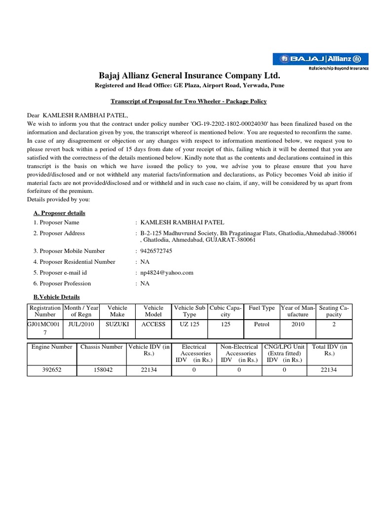 Bajaj Allianz Two Wheeler Policy Details | PDF | Deductible | Insurance