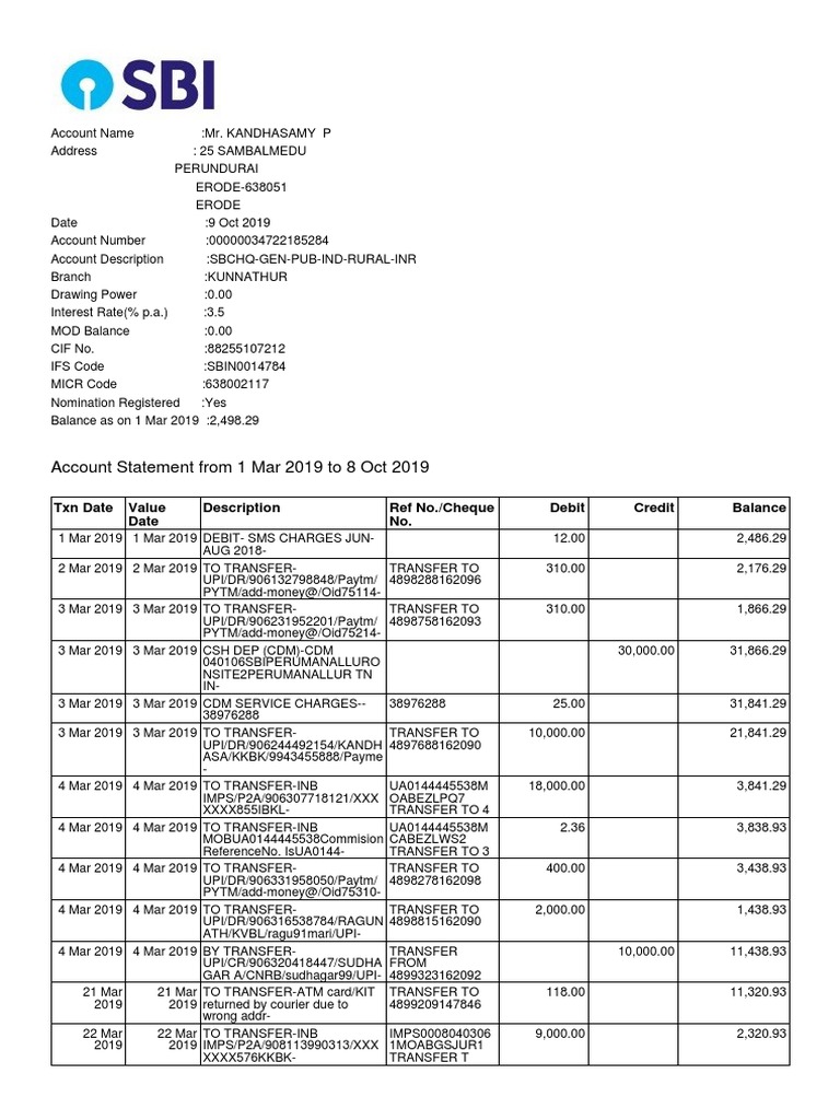 Account Statement From 1 Mar 2019 To 8 Oct 2019: TXN Date Value Date Description Ref No./Cheque ...