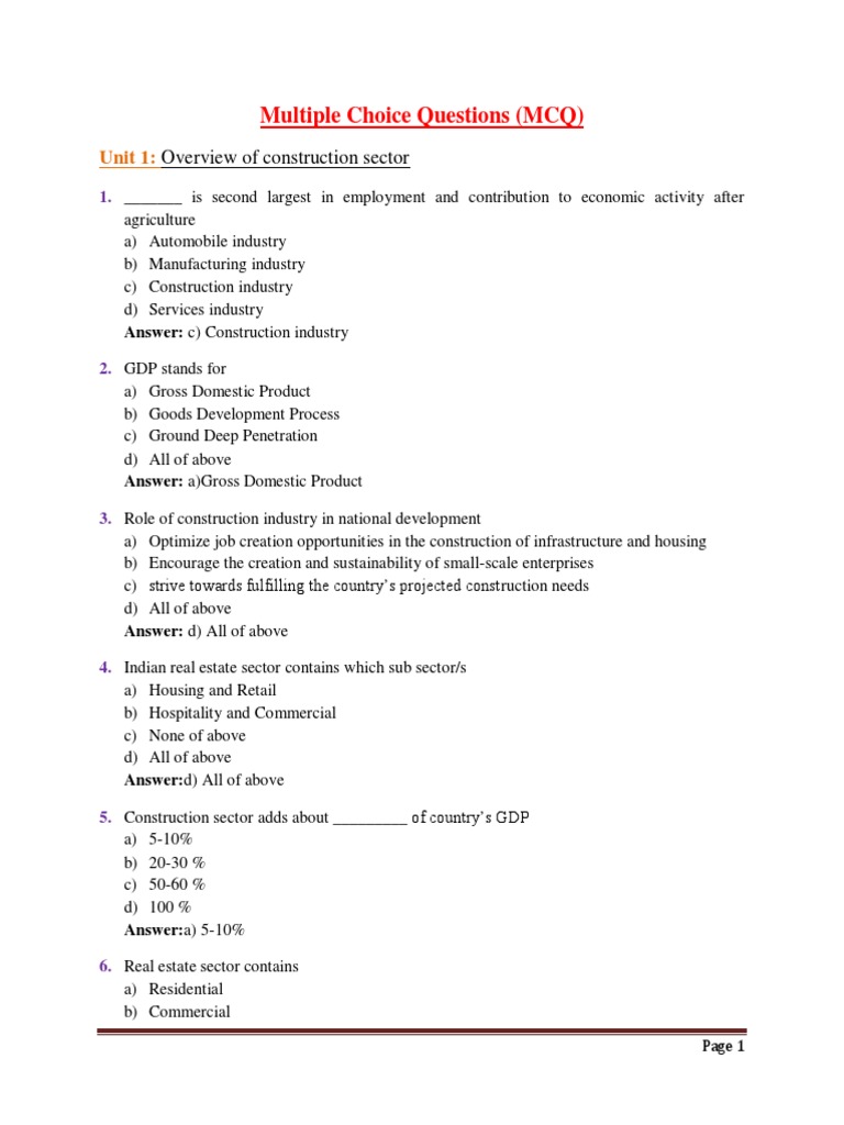 Multiple Choice Questions (MCQ) : Overview of Construction Sector ...