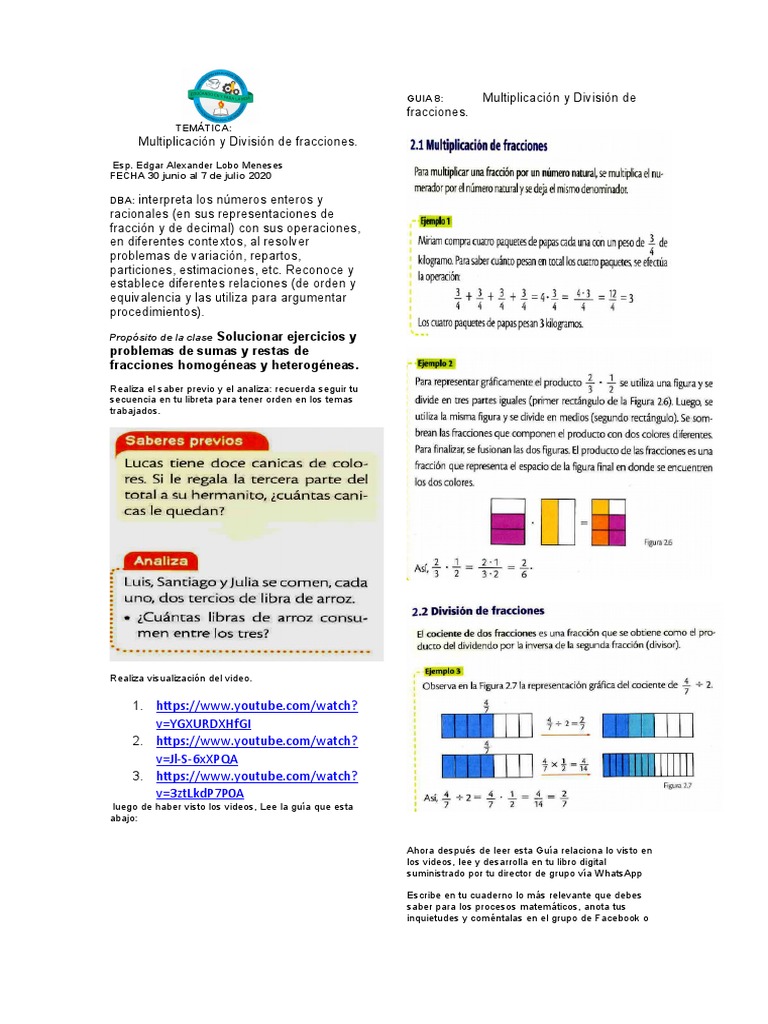 Guia de 8 Periodo 2 Multiplicacion y Division de Fracciones. | PDF ...