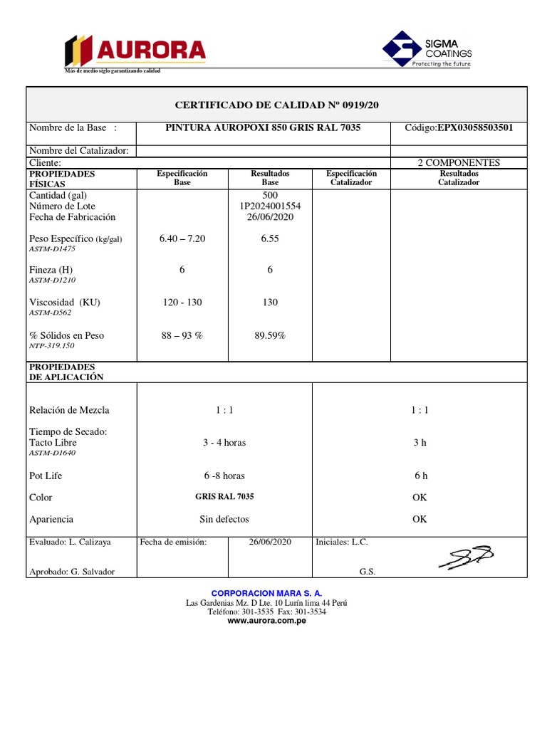 N° 0919 Pintura Auropoxi 850 Gris Ral 7035 - 1P2024001554 | PDF ...
