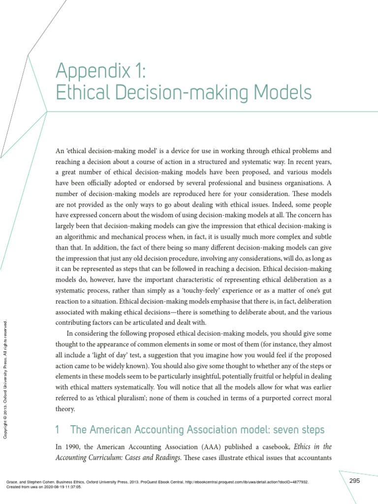 Appendix 1: Ethical Decision-Making Models: 1 The American Accounting ...