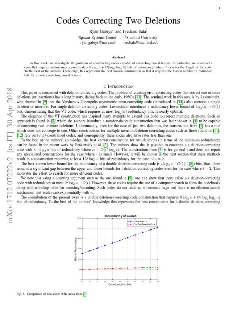 Codes Correcting Two Deletions: Ryan Gabrys and Frederic Sala | PDF ...
