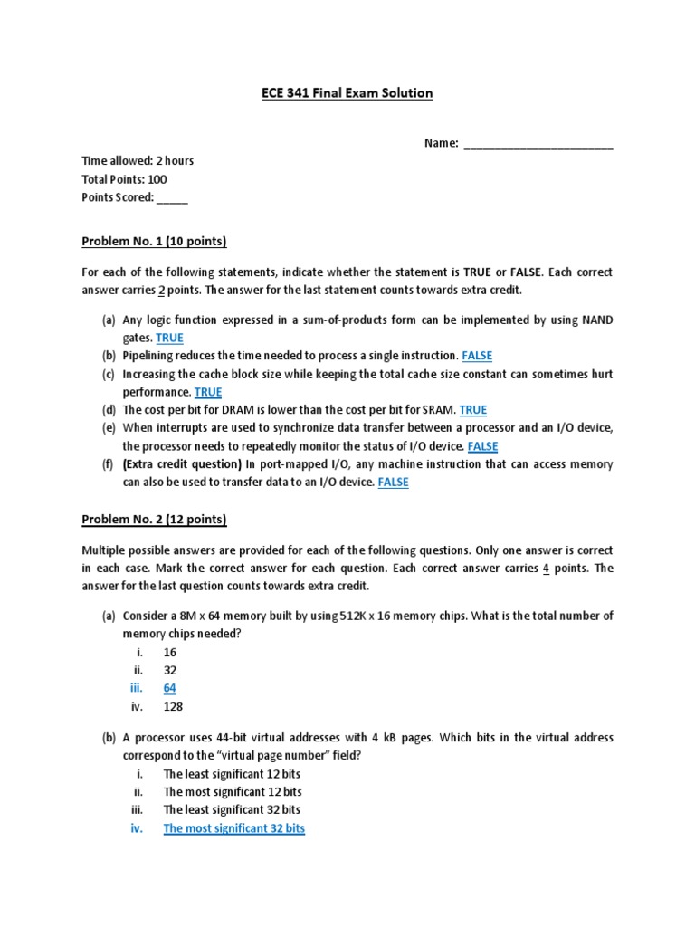 ECE 341 Final Exam Solution: Problem No. 1 (10 Points) | PDF | Cpu Cache | Central Processing Unit
