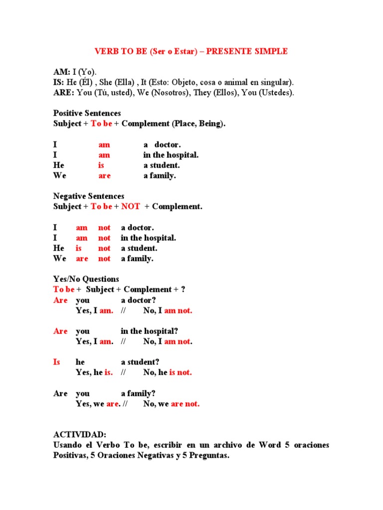 Verb To Be (Ser o Estar) - Present Simple Tenses | PDF