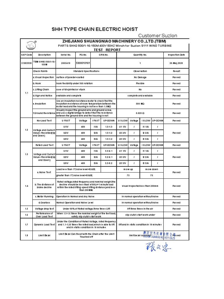 150m Winch-Test Report | PDF | Insulator (Electricity) | Clutch