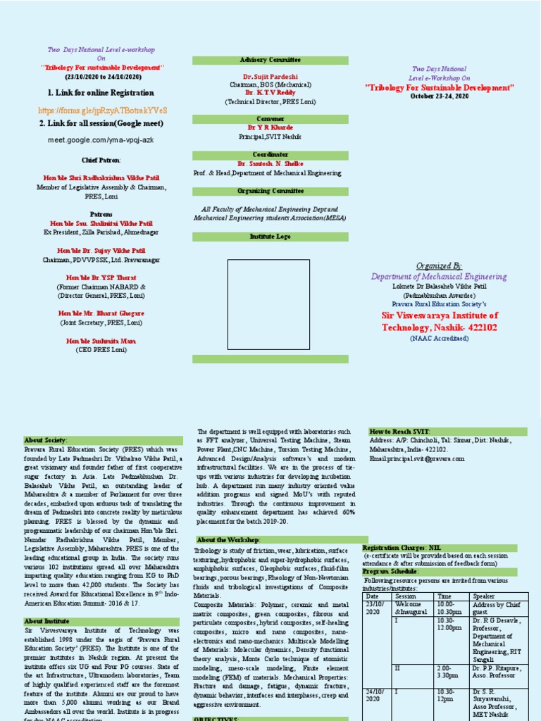 SVIT Nashik - Mech Dept - Tribology Workshop Brochure (23-24 Oct 2020 ...