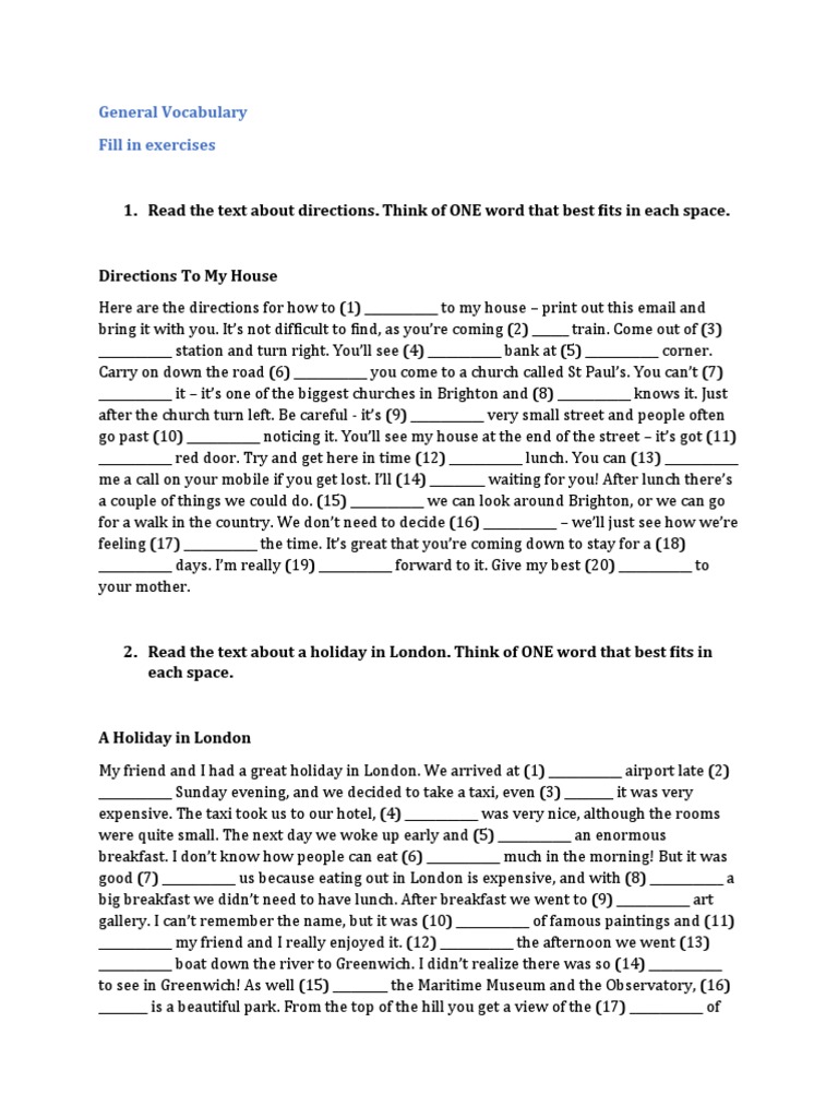 General Vocabulary Fill in Exercises | PDF