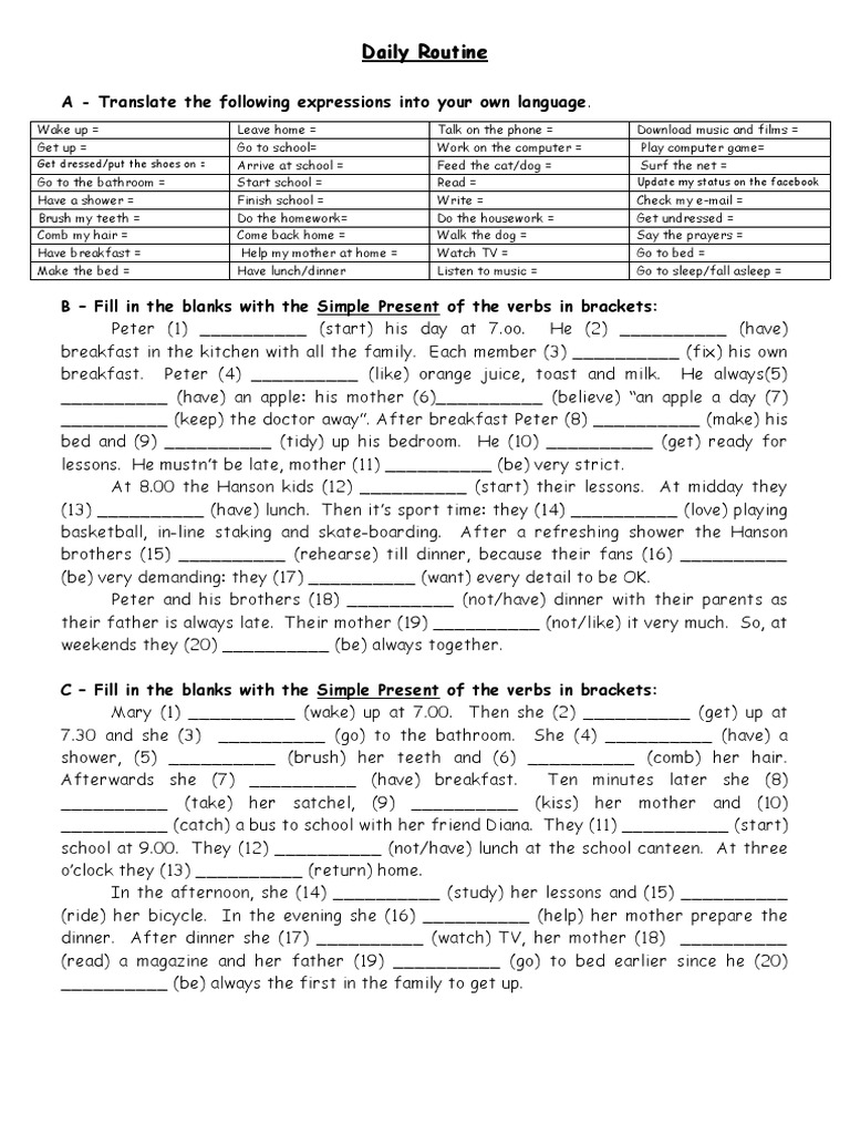 Daily Routine: A - Translate The Following Expressions Into Your Own ...