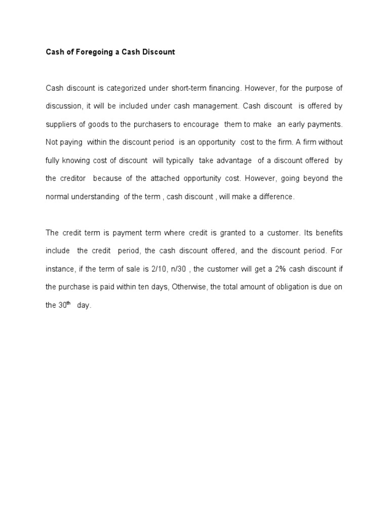 Cash of Foregoing A Cash Discount | PDF | Discounts And Allowances ...