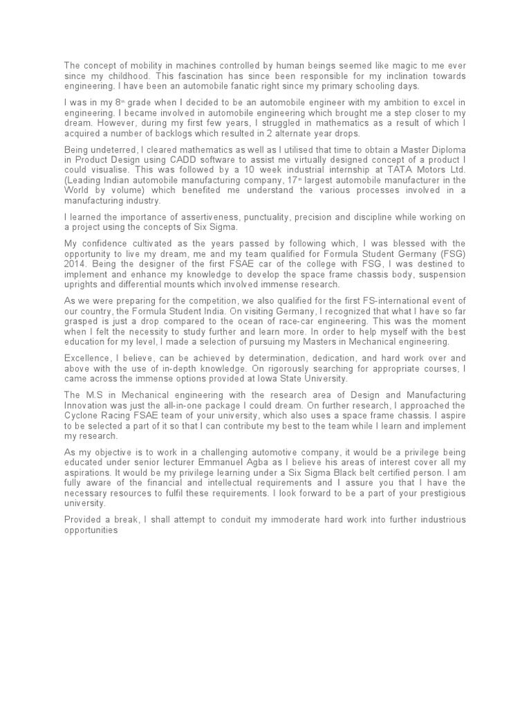 Automobile Engineering - Sample Sop | PDF | Car | Engineering