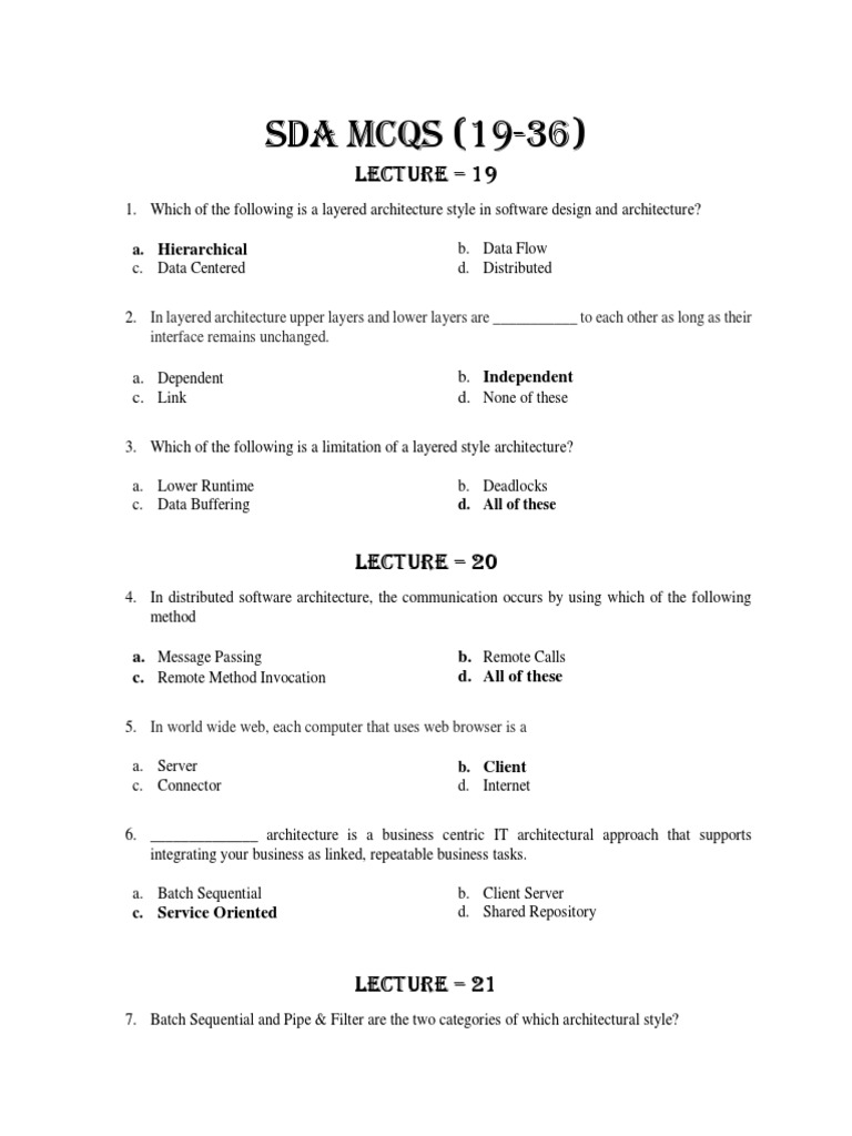 SDA MCQs (19-36) | PDF | Component Based Software Engineering | Software Design
