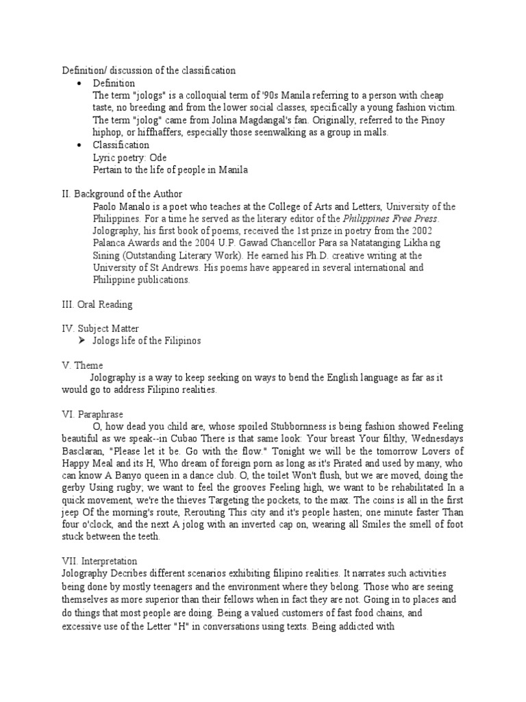 Jolography Analysis Part 1 | PDF | Poetry