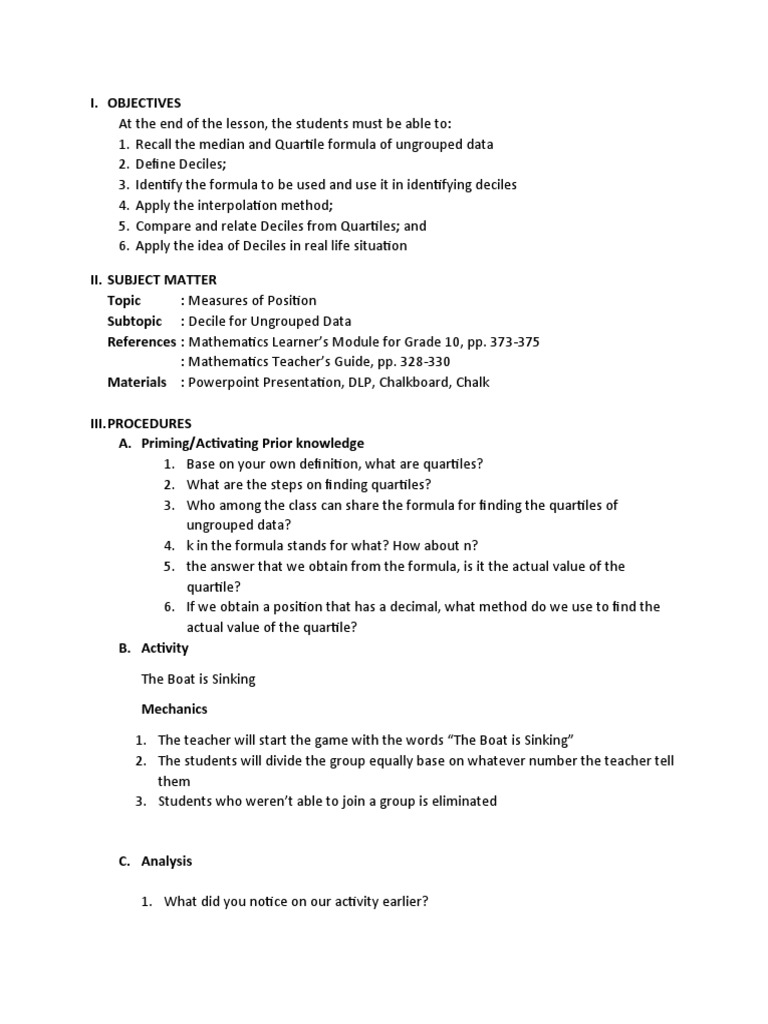 Lesson Plan - Decile For Ungrouped Data | PDF | Quartile | Lesson Plan