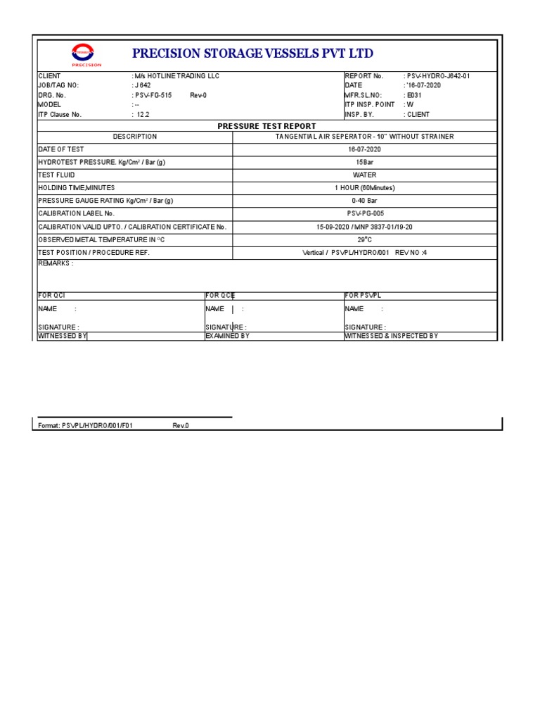 Precision Storage Vessels PVT LTD: Pressure Test Report | PDF
