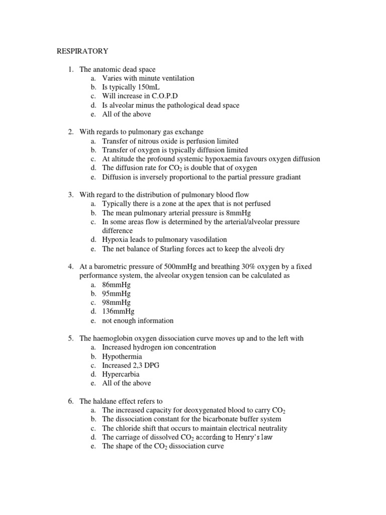 Physiology MCQ - Respiratory | PDF | Respiratory System | Breathing