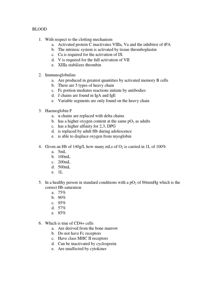 Physiology Mcq Blood Pdf Pdf Blood Red Blood Cell