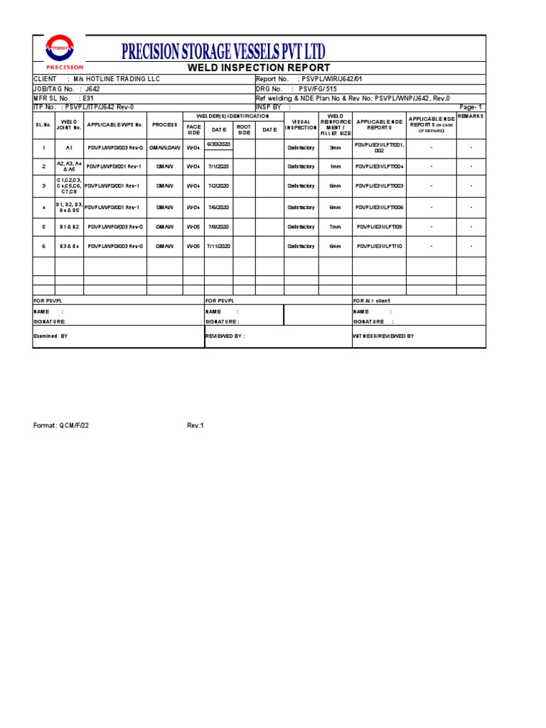 Weld Inspection Report (Weld Traceability Report) | PDF | Chess | Chess ...