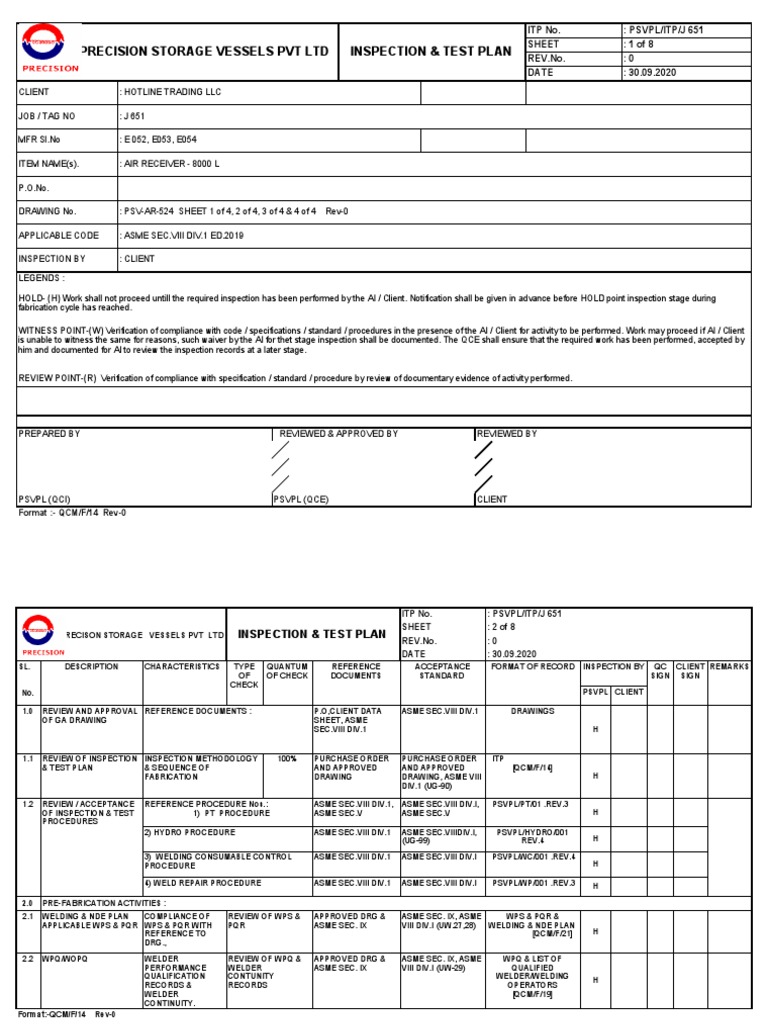 Inspection and Test Plan - Pressure Vessel Fabrication (ITP) | PDF ...