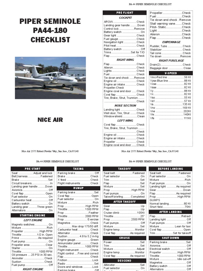 Piper Seminole PA44-180 Checklist: Nice Air | PDF | Throttle | Aircraft ...