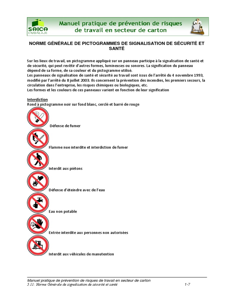 Norme Générale de Pictogrammes de Signalisation de Sécurité Et Santé ...