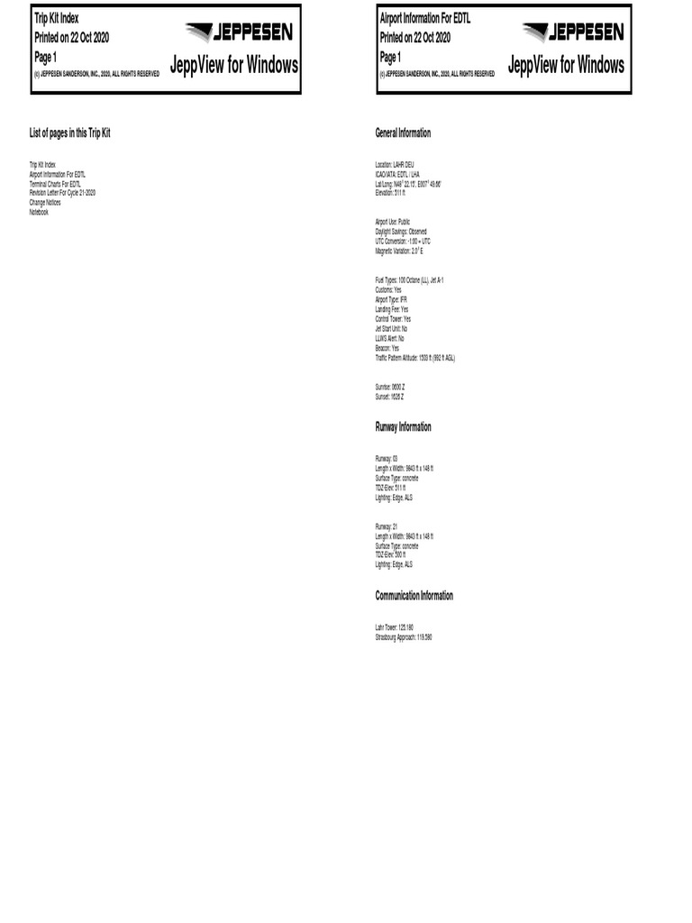 Jeppview For Windows Jeppview For Windows: List of Pages in This Trip Kit General Information ...